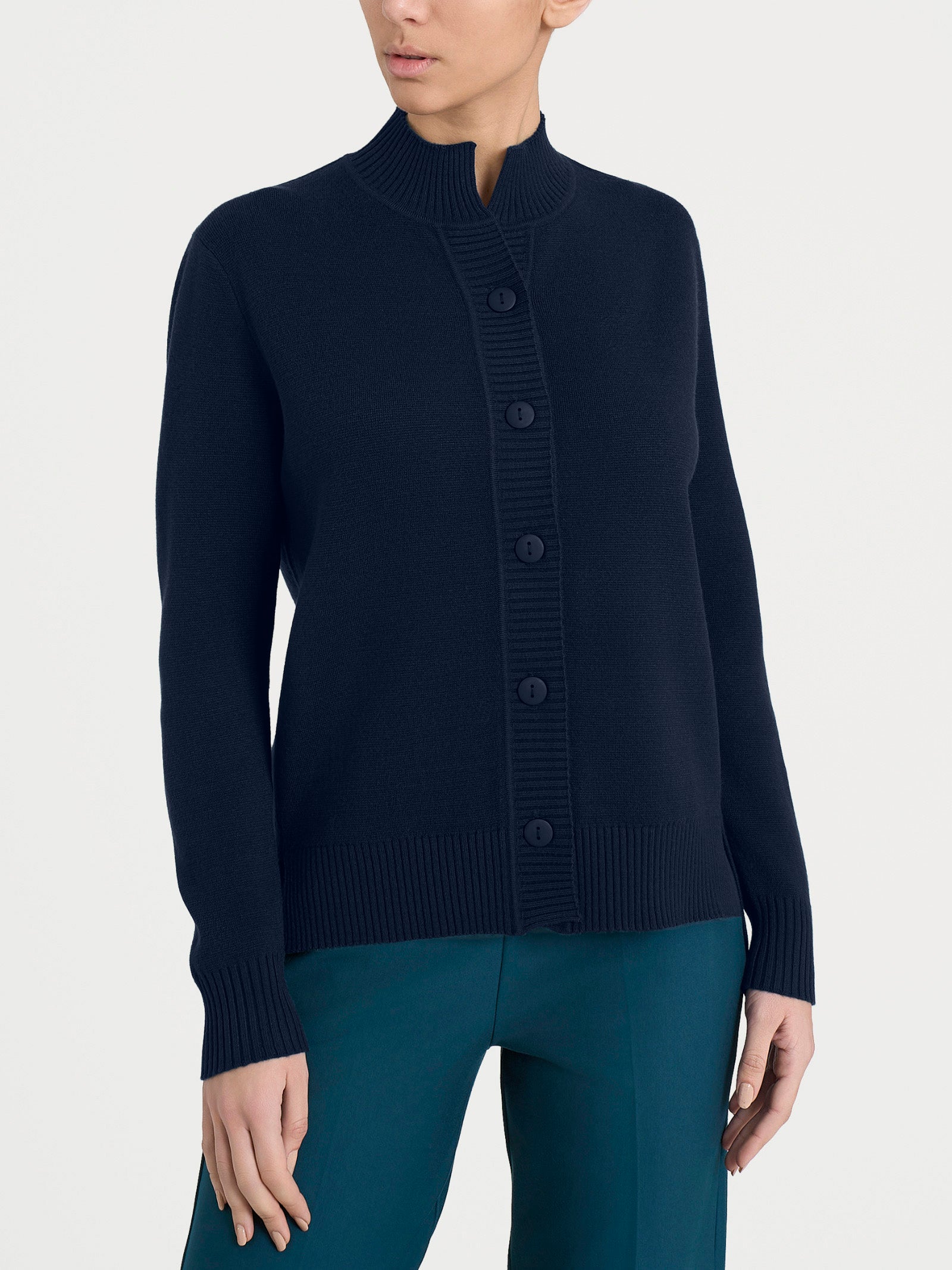 Asymmetrical High Neck Cardigan in Super Soft - Bleu – Ragno
